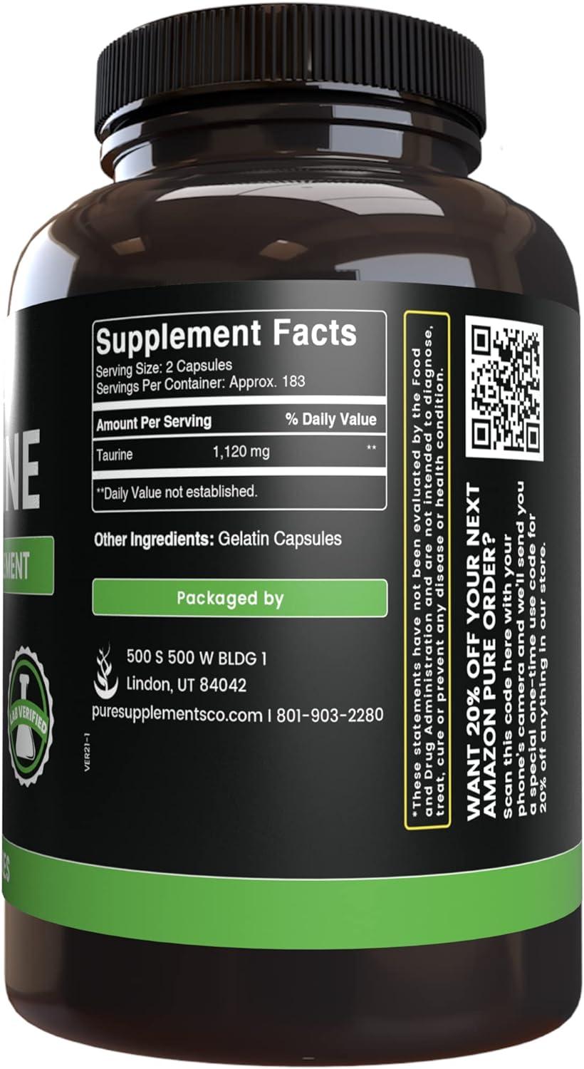 Pure Taurine Capsules - 365 Count | Lab Verified, No Fillers | Original ...