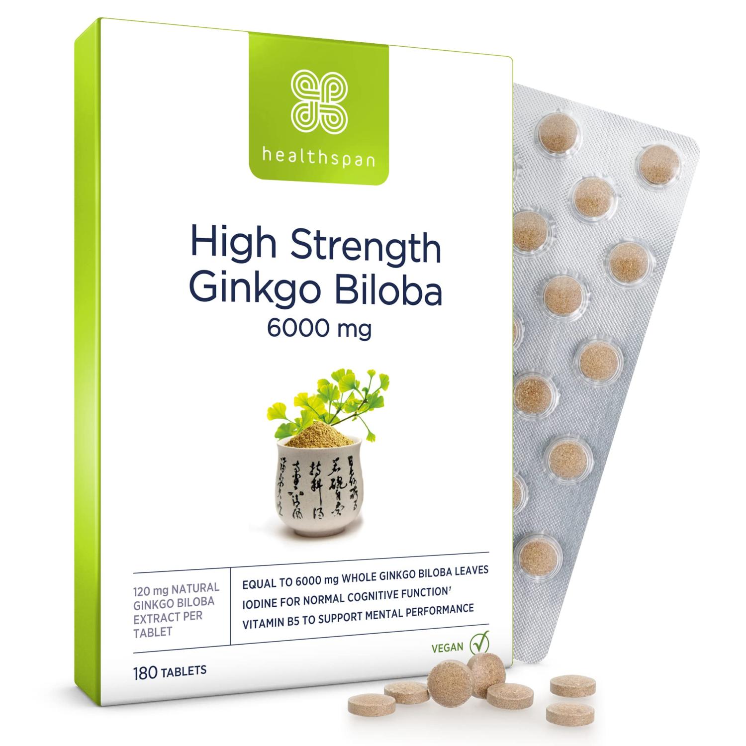 Healthspan Ginkgo Biloba 6000mg | High Strength 180 Tablets | Rich in ...