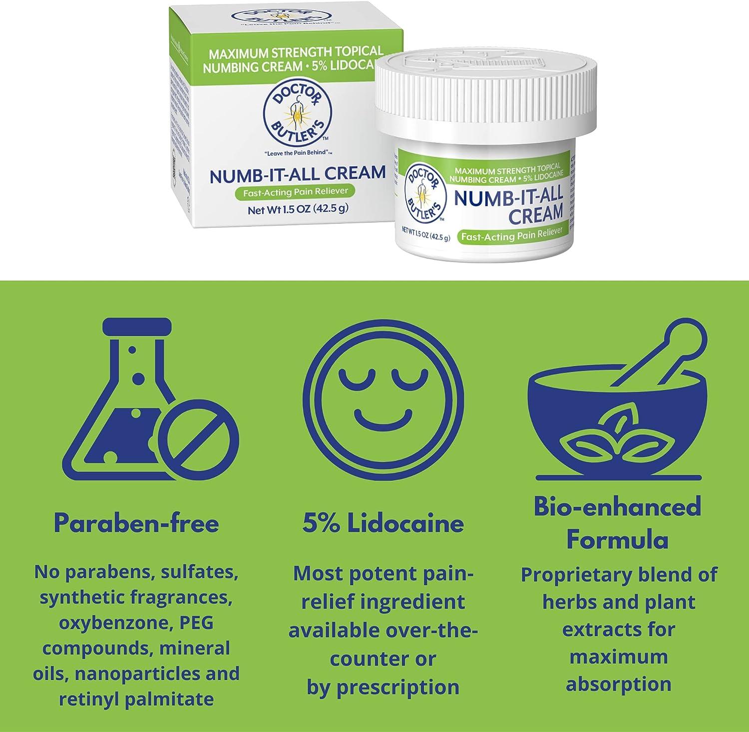 Doctor Butler's Numb It All Cream - Fast Acting 5% Lidocaine Topical ...