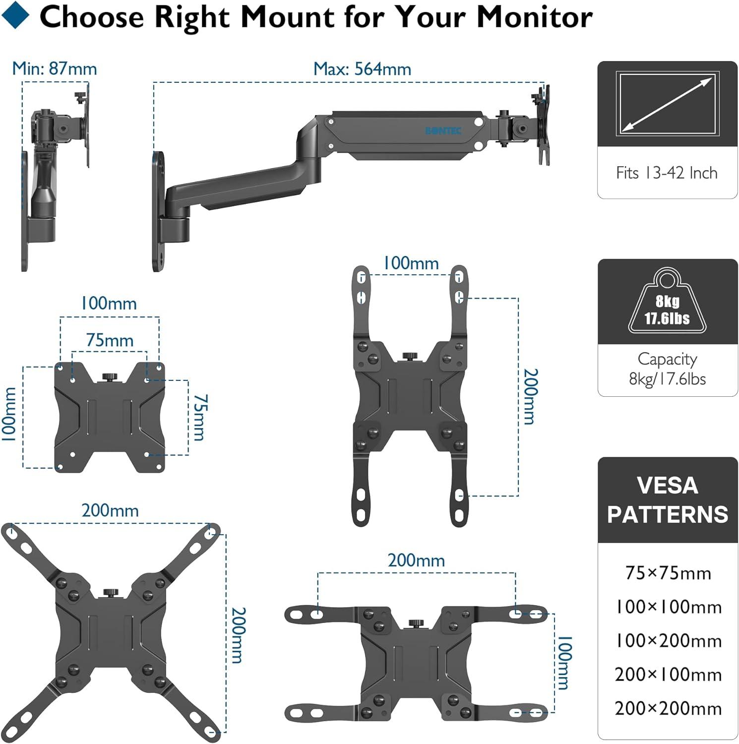 BONTEC Monitor Wall Mount Bracket for 13 to 42 Inch Screens - Black ...