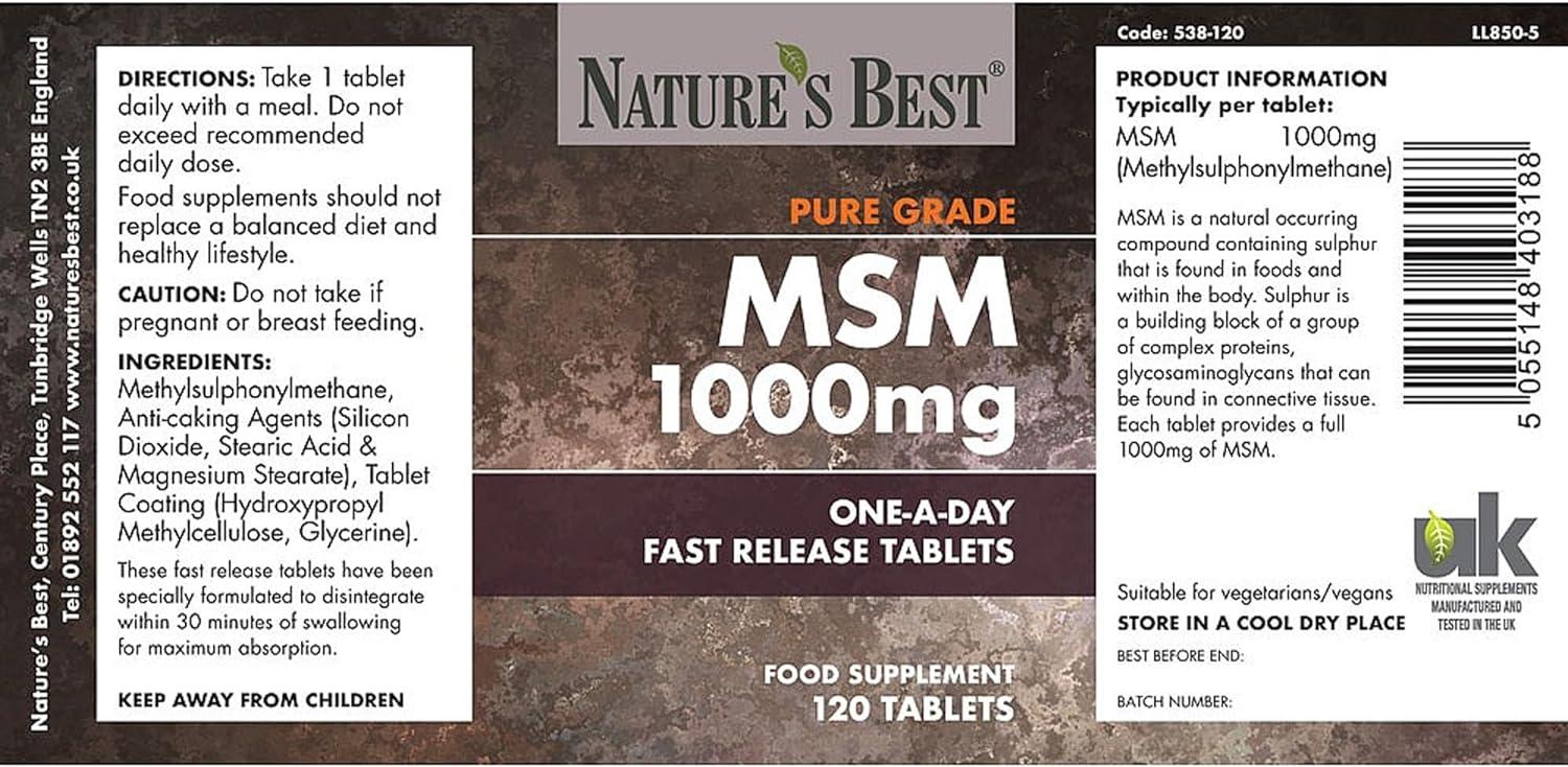Pure MSM 1000mg Fast-Release Tablets - 120 Tablets - Non-Toxic & Safe ...