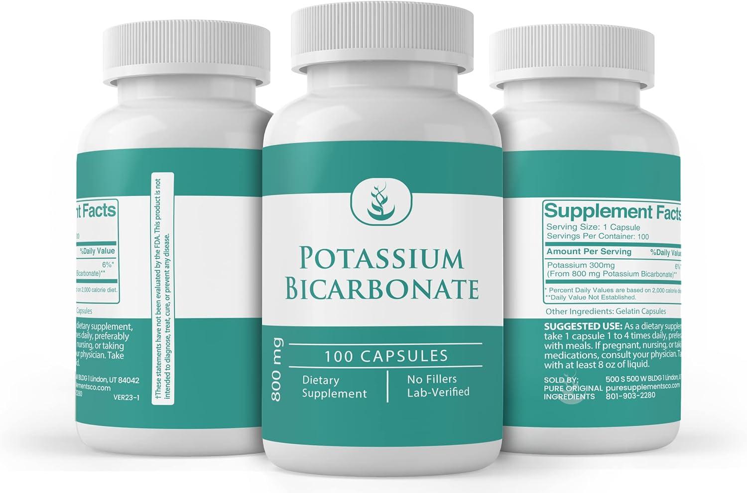 Pure Potassium Bicarbonate Capsules - 100 Count, Lab Verified, No ...