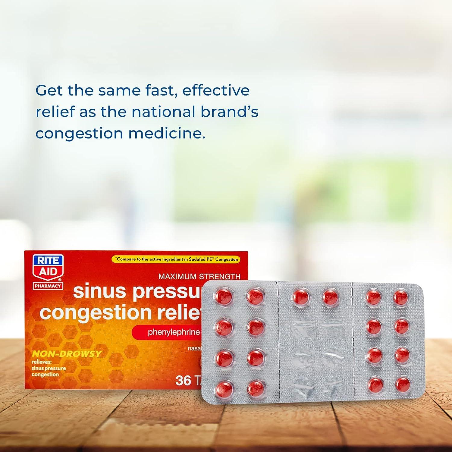 Rite Aid Sinus Pressure & Congestion Relief PE 10mg - 36 Tablets | Non ...