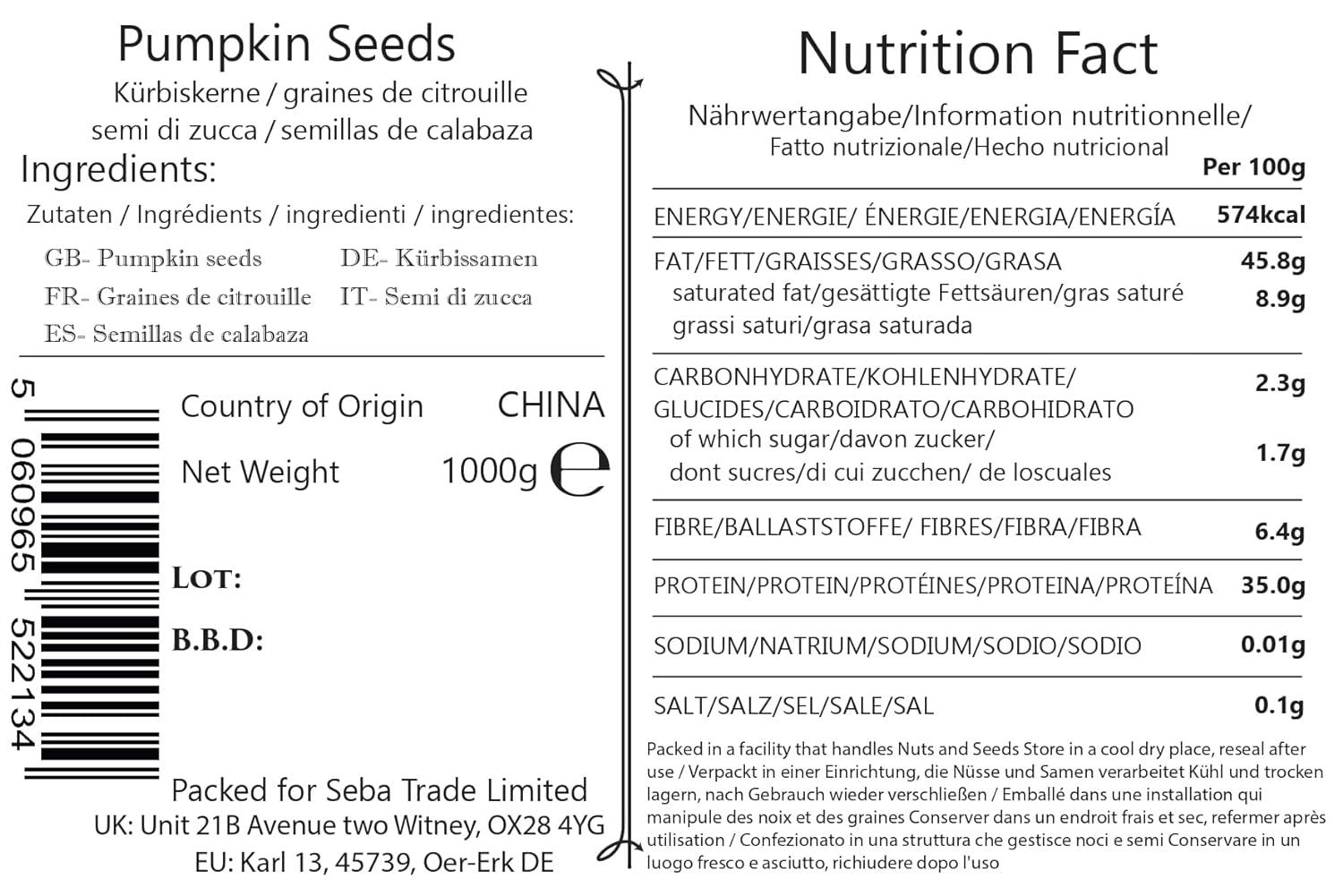 Seba Garden Pumpkin Seeds 1000g - AA Quality High Fiber Raw Protein ...