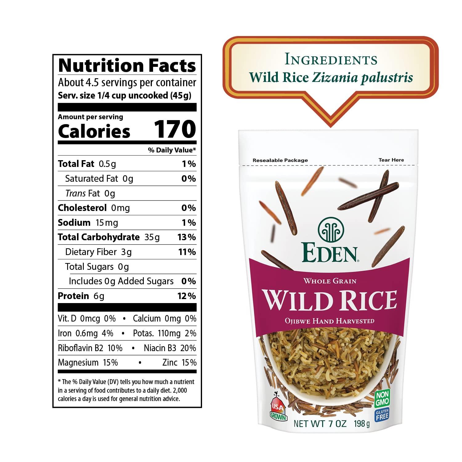 Eden Wild Rice 7 oz Bag - Hand Harvested, Wood Fire Parched, 100% Whole ...