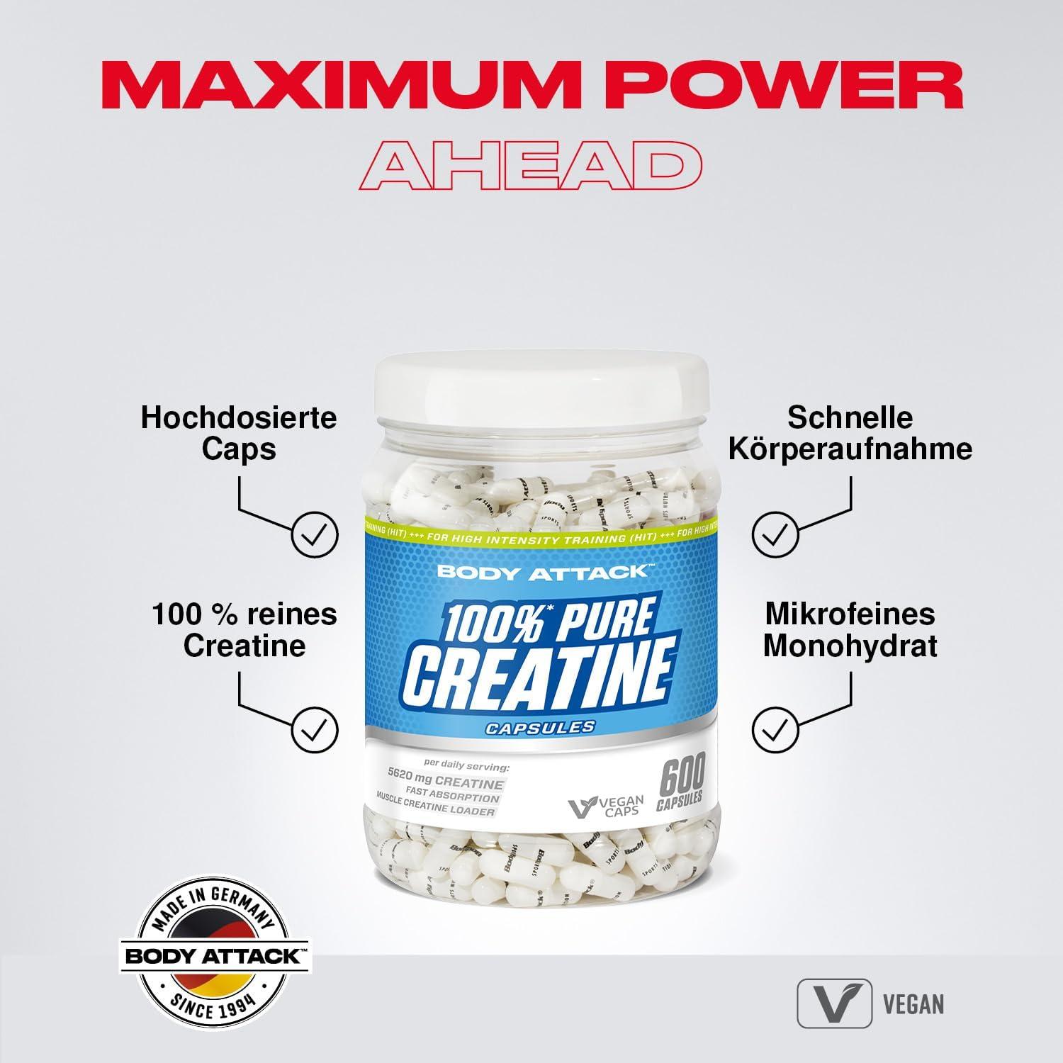 Body Attack 100% Pure Creatine Capsules - 600 Count | Sports Nutrition ...