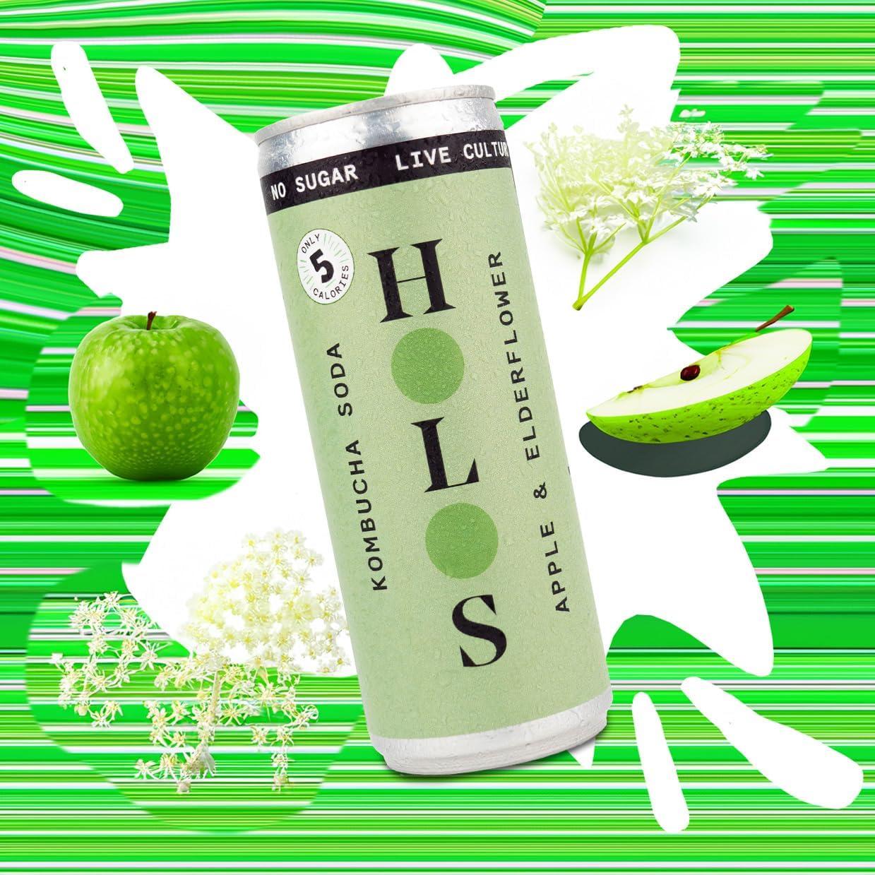 HOLOS Kombucha Soda - Apple & Elderflower - 250ml x 12 cans - No Sugar Live Cultures Vegan ...