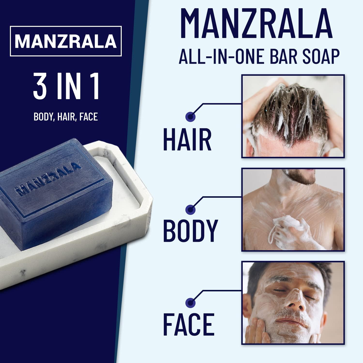 Manzrala All-in-One Bar Soap for Men - Natural Ingredients | Luxurious Blue Scent | 4.23oz (Pack ...