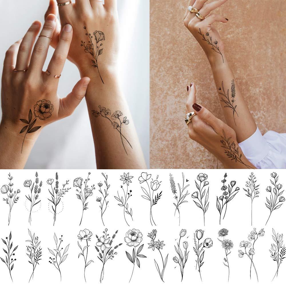 Tiny Branch Black Flower Temporary Tattoos - 15 Sheets Floral Bouquet ...