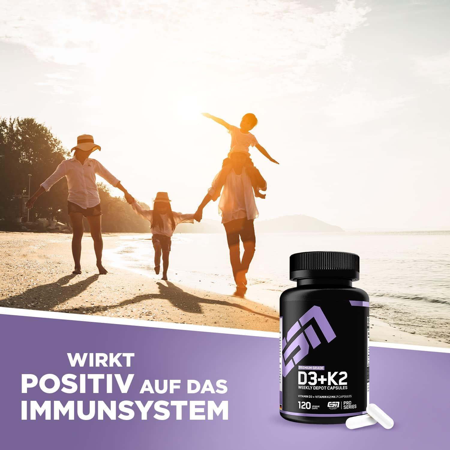 ESN Vitamin D3 + K2 - 240 Vegan Capsules for Immune Support Bone Health ...