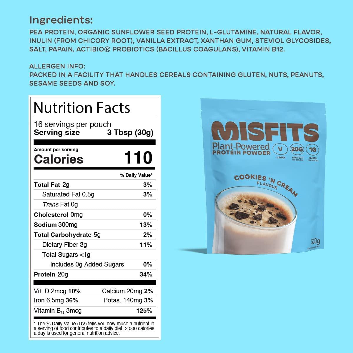 Misfits Cookies & Cream Vegan Protein Powder - 20g Plant Based Protein ...