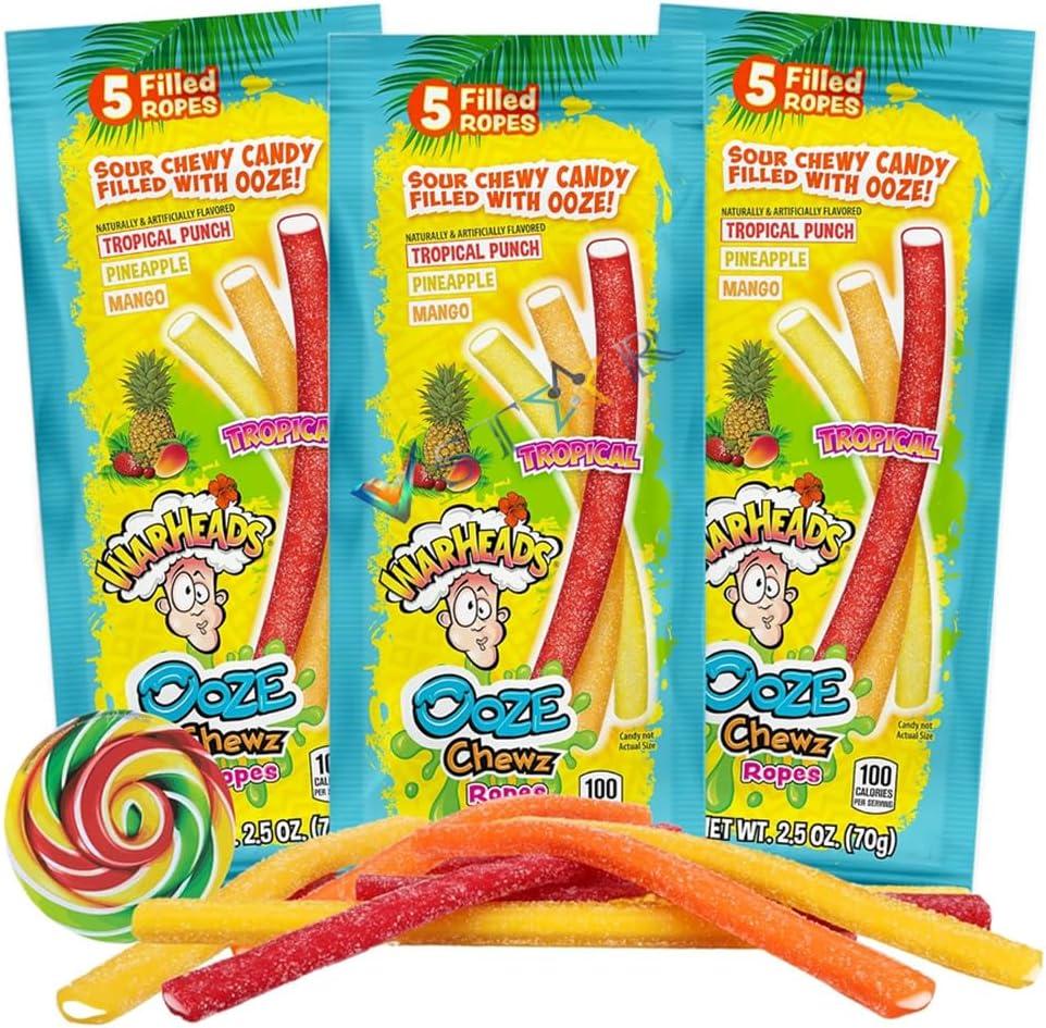 3 x Warheads Tropical Ooze Chewz Ropes Sweet and Sour Chewy Candy with ...