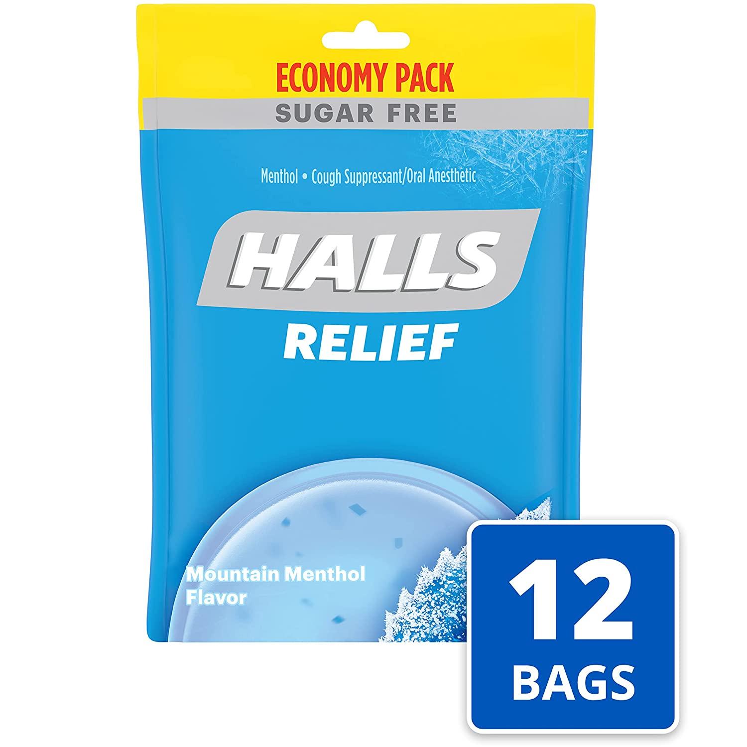 HALLS Relief Mountain Menthol Sugar Free Cough Drops - Economy Pack of ...