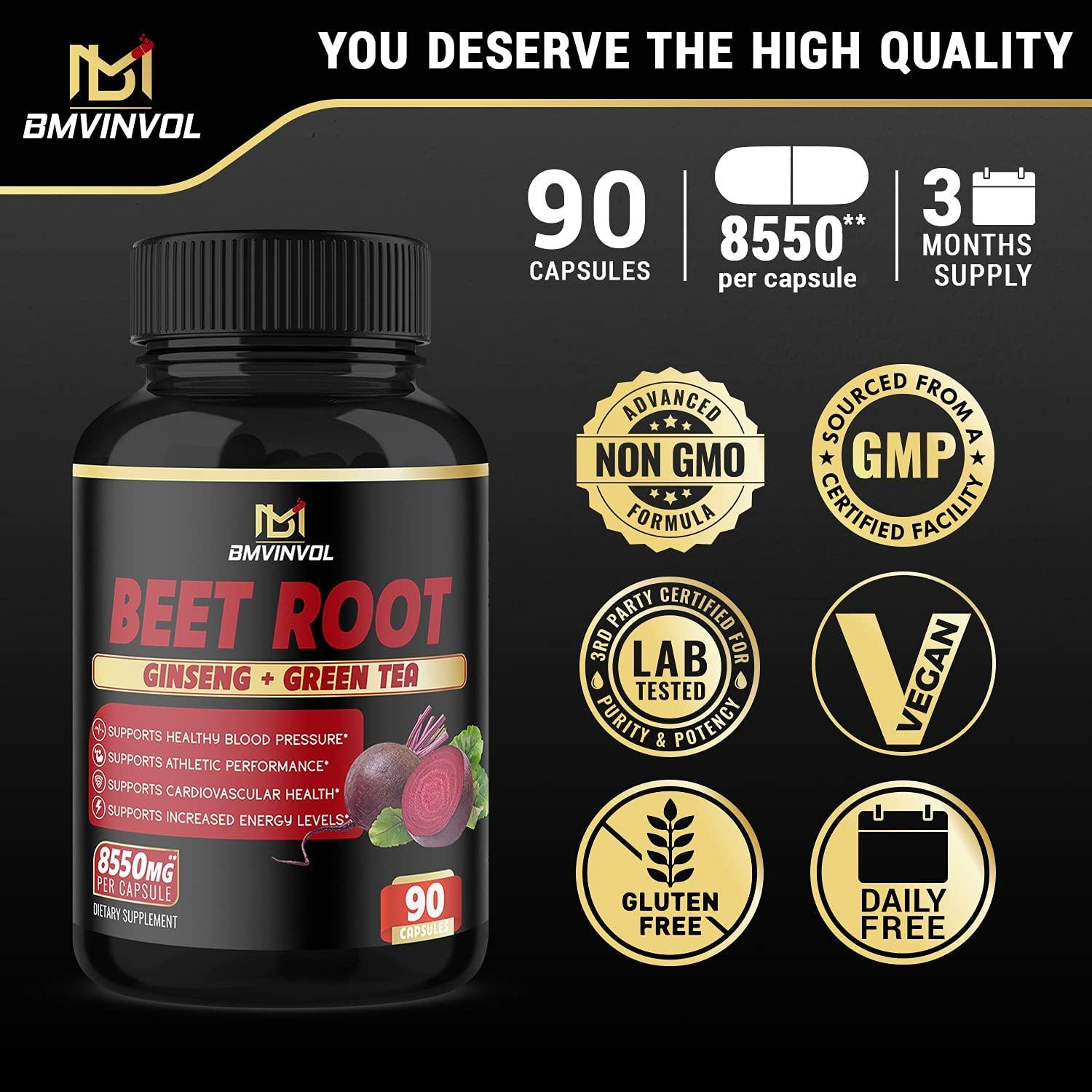 Beet Root Extract Capsules 8550mg with Green Tea, Red Spinach, Ginseng ...