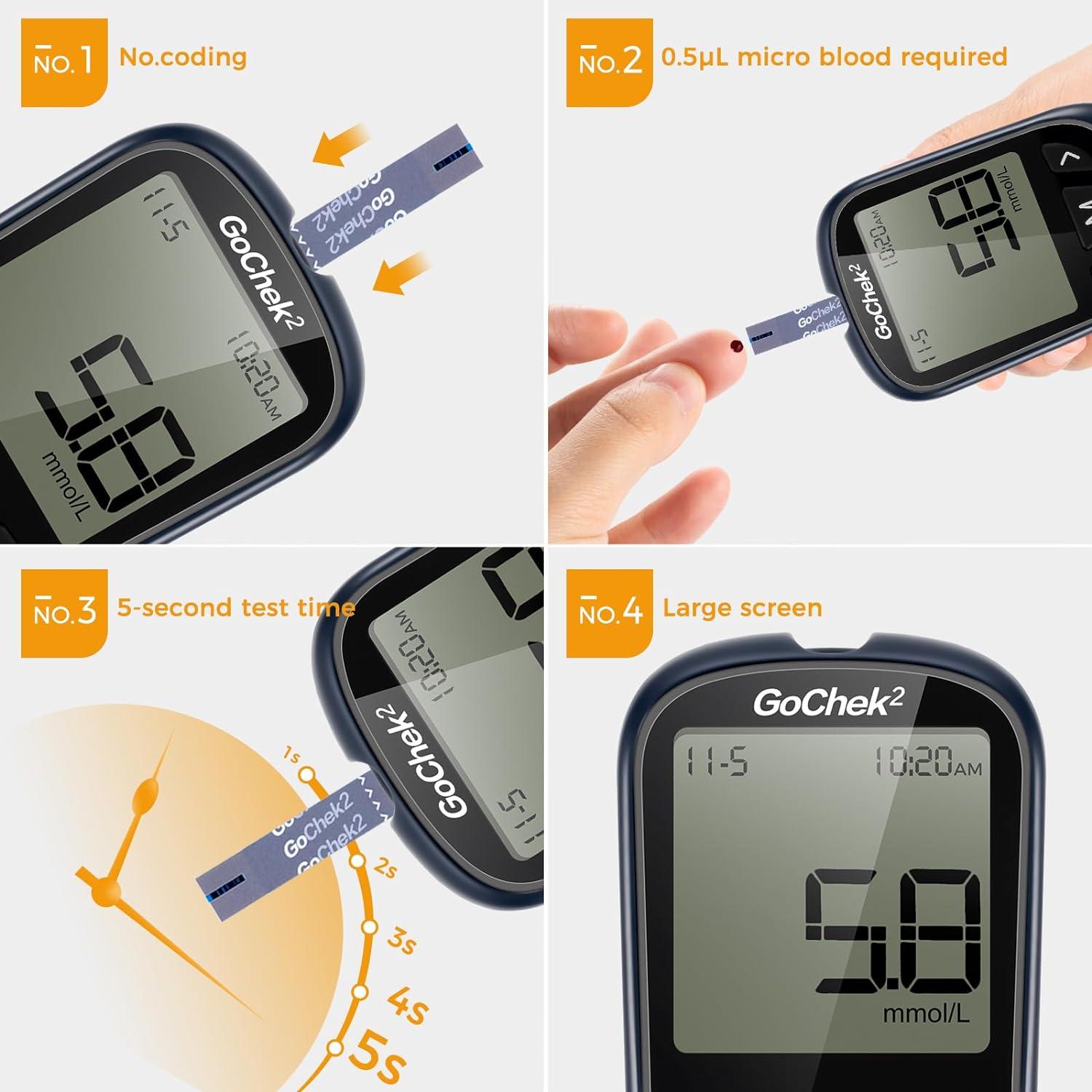 GoChek2 Glucose Kit X 60 - 2023 Upgrade Blood Glucose Monitor with Hypo ...