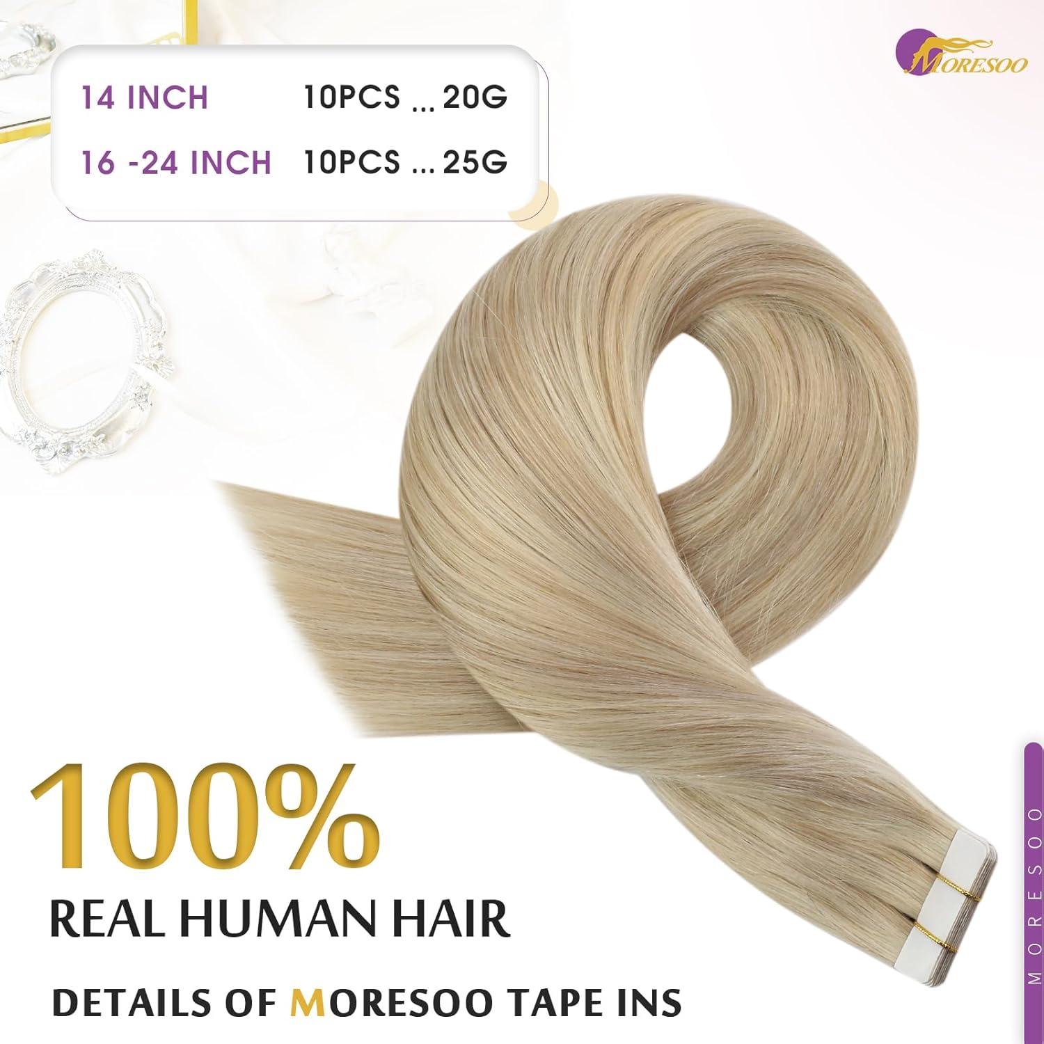 Moresoo Tape-In Hair Extensions Real Hair - 35 cm Ash Blonde #18/613 ...