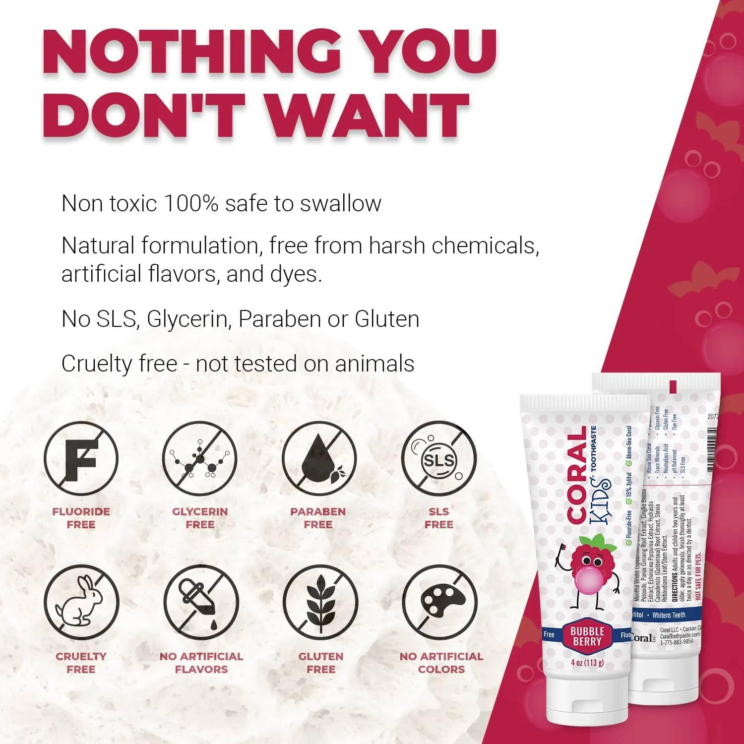 Coral White Kids Fluoride-Free Toothpaste - Berry Bubblegum Flavor 6oz ...