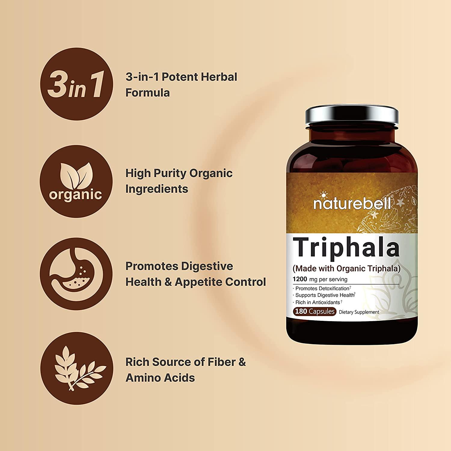 Organic Double Strength Triphala Supplement 1200mg - 180 Capsules - Digestive Health Support ...
