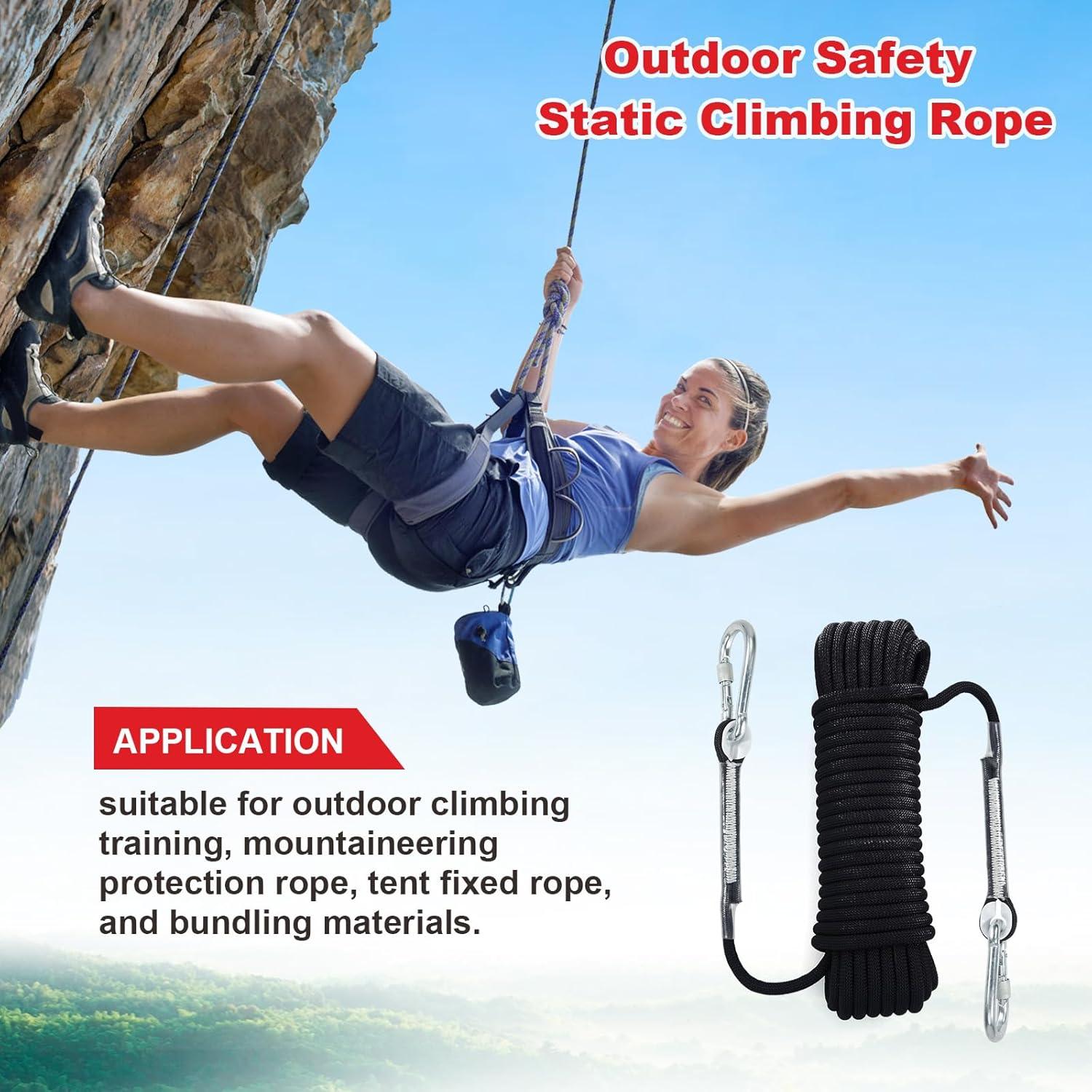 High-Strength 10m Climbing Rope - Outdoor Safety Rope with 2 Carabiners for Abseiling Rescue and ...
