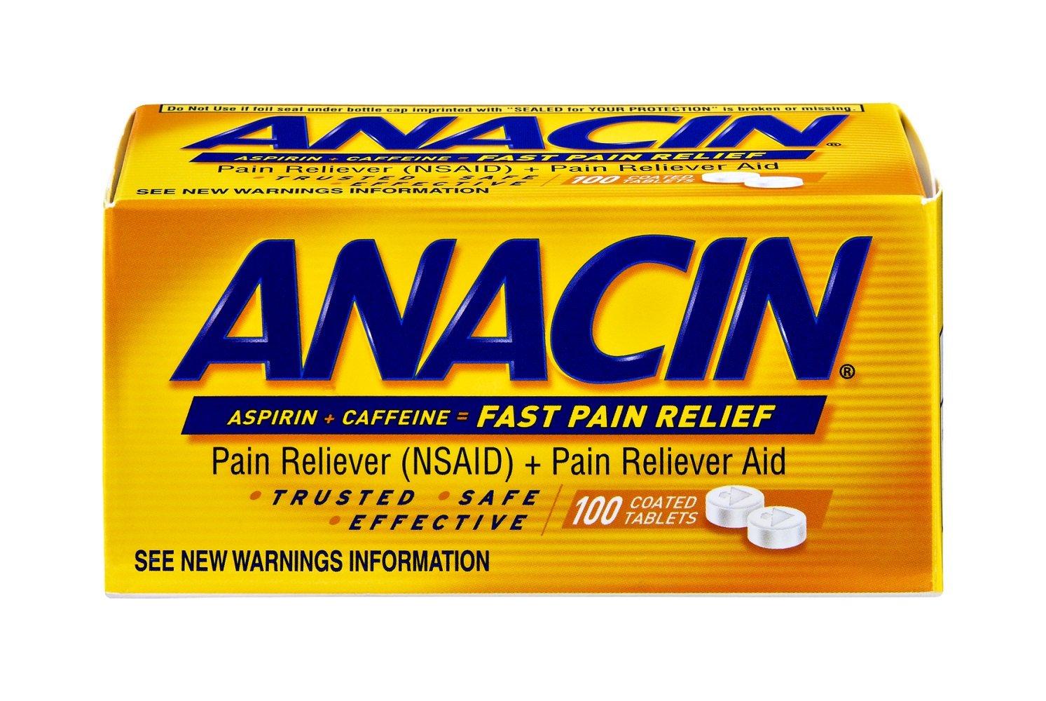 Anacin Fast Pain Relief, Aspirin + Caffeine Pain Reliever, 100 coated ...