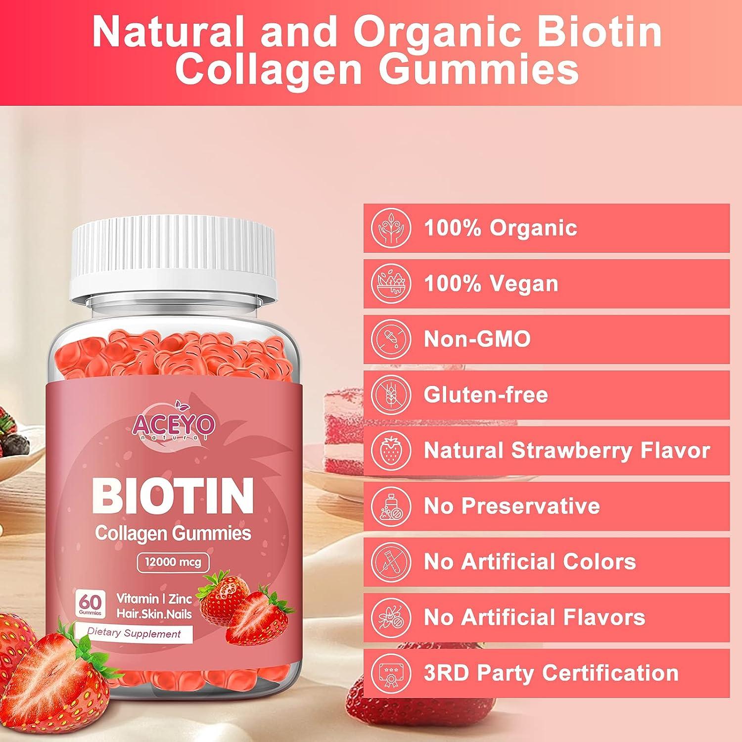 ACEYO Organic Biotin Collagen Gummies 12000mcg for Hair Growth with ...