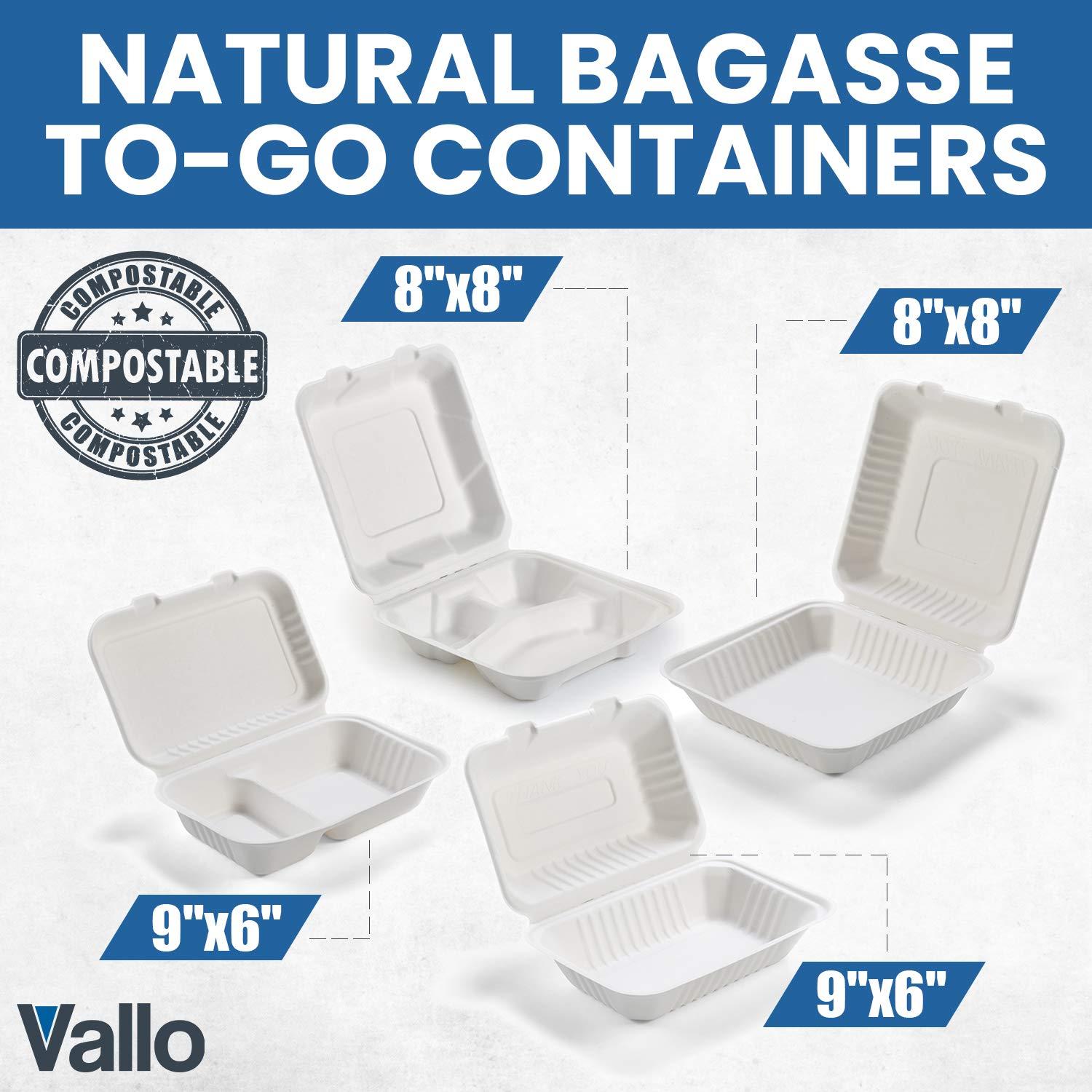 Vallo 100% Compostable Clamshell To Go Boxes For Food 8X8" 1 ...