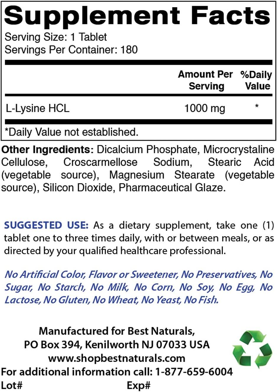 Best Naturals L-Lysine 1000mg 180 Tablets - Double Strength for Immune ...