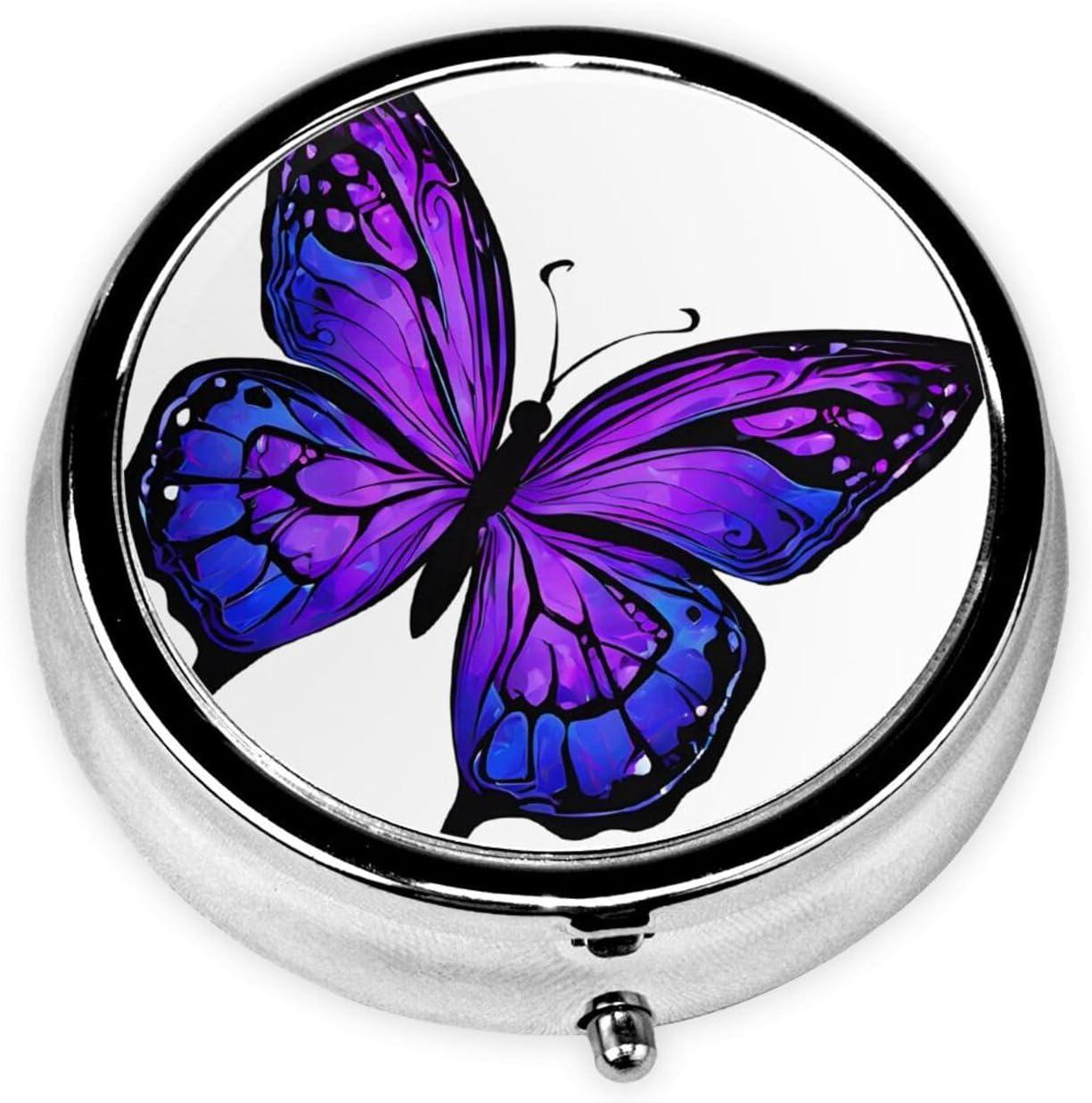 Purple Butterfly Printed Round Pill Box - 3 Compartment Portable ...