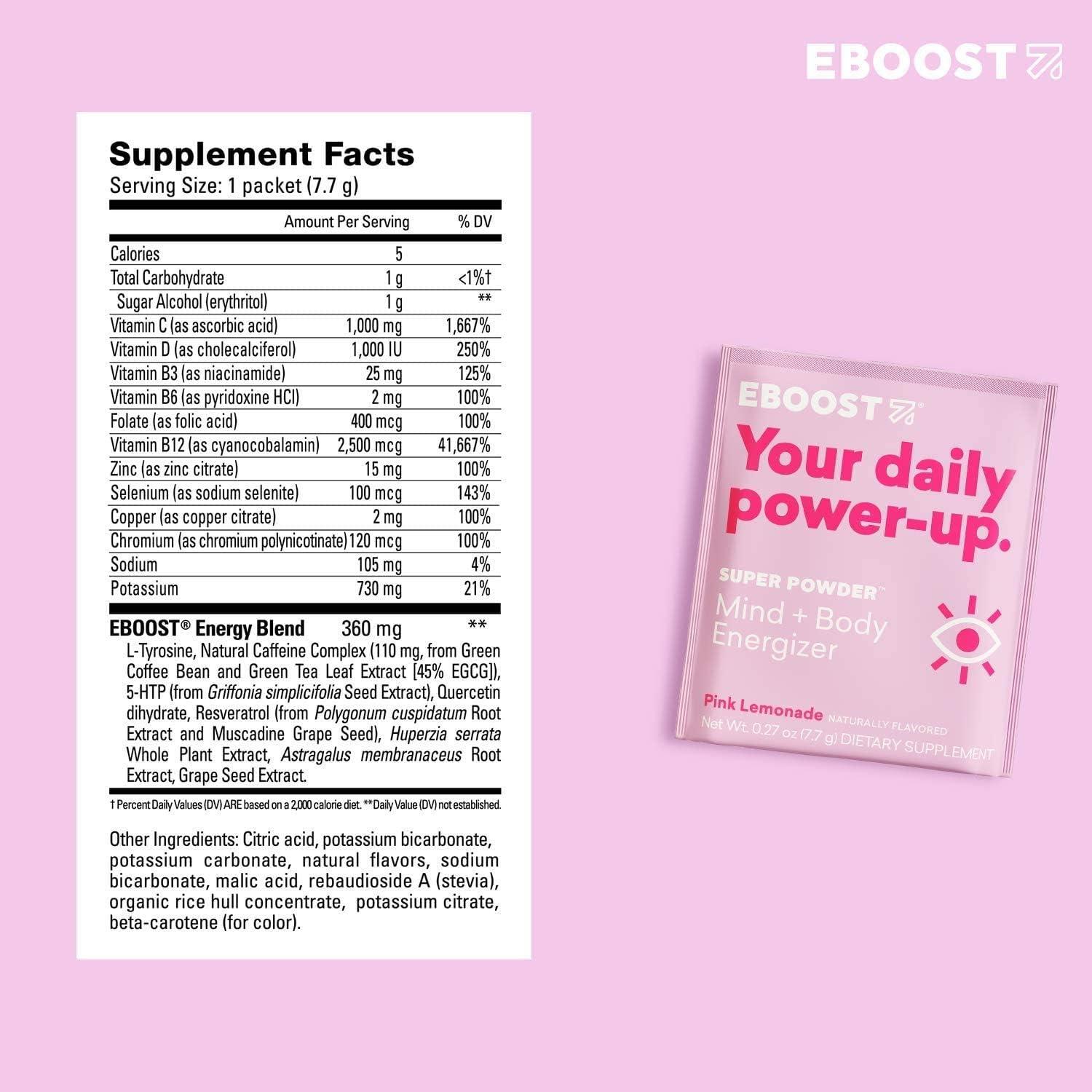 EBOOST Energy Drink & Electrolyte Powder 20 Packets - Pink Lemonade, No Added Sugar - Essential ...