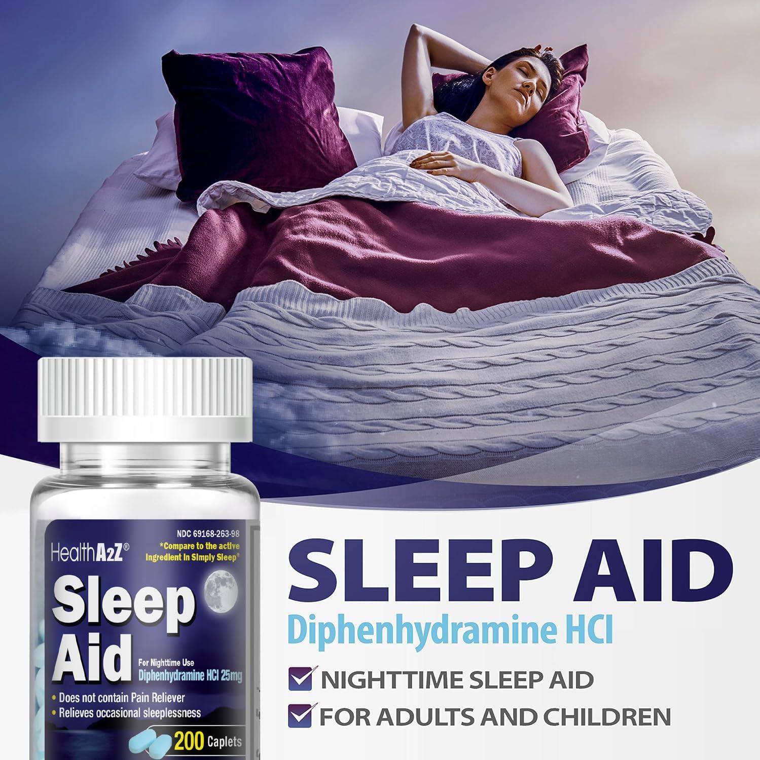 HealthA2Z Sleep Aid 200 Caplets | Diphenhydramine HCl 25mg | Non-Habit ...