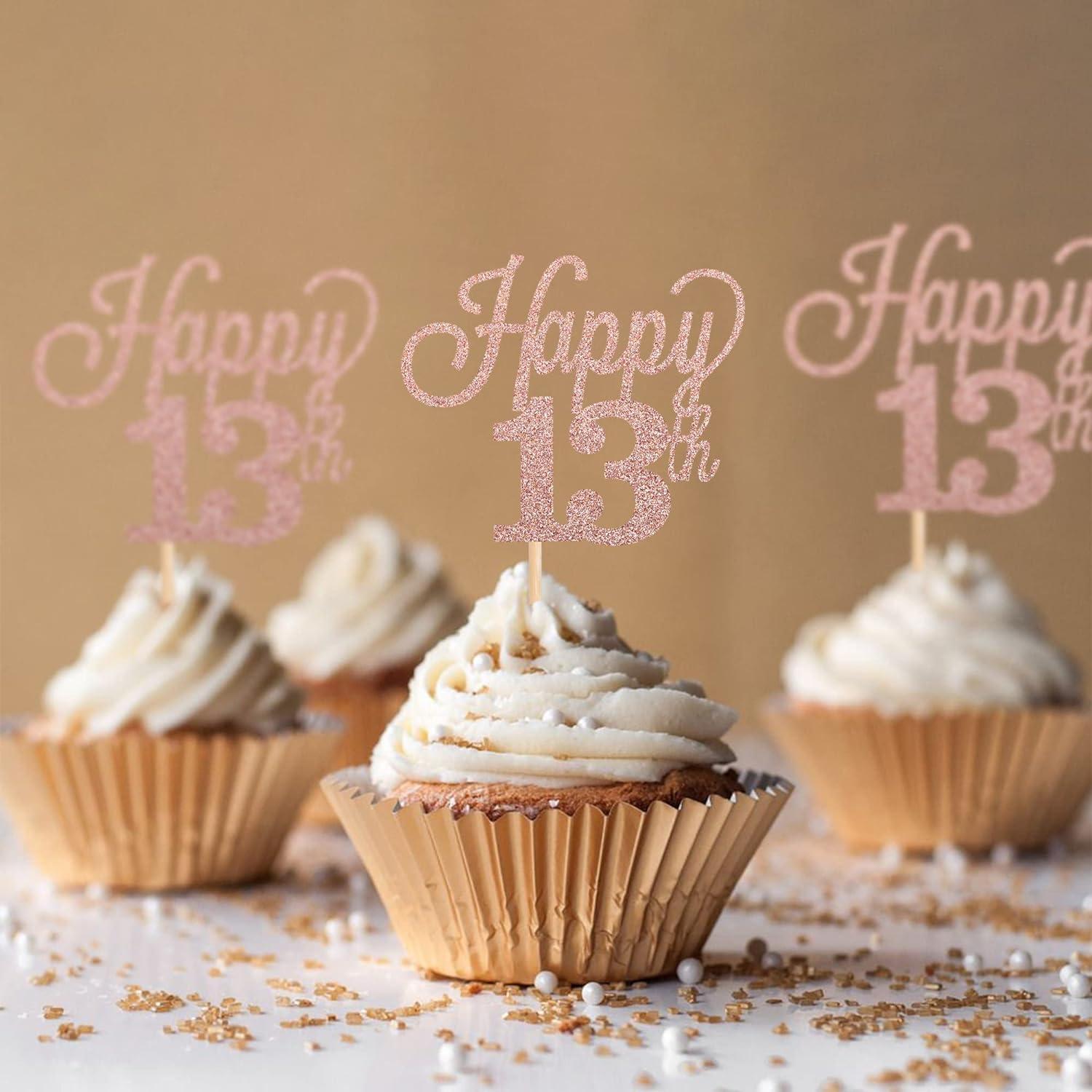 Pack of 24 13 Cupcake Toppers Glitter "Happy 13th Birthday" Cake ...