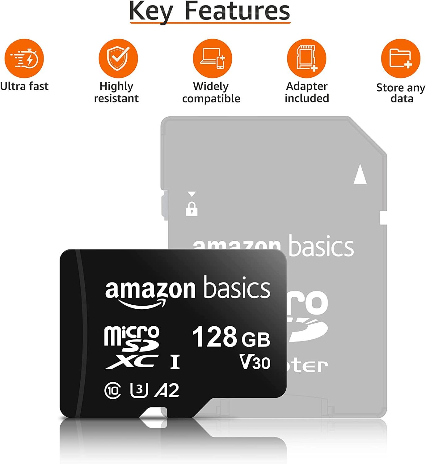 Amazon Basics 128GB microSDXC Memory Card with Adapter | A2 U3, 100MB/s ...