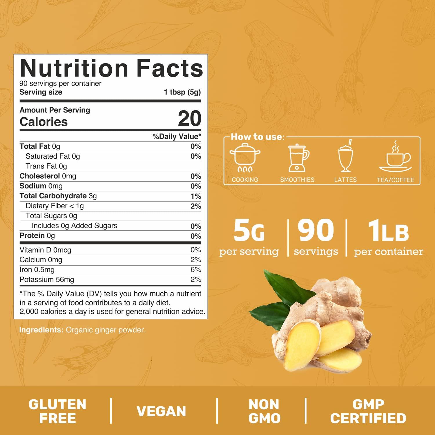 Jai Ho Certified Organic Gluten Free Vegan Non-GMO Ginger Powder - Resealable Zip Lock Pouch ...