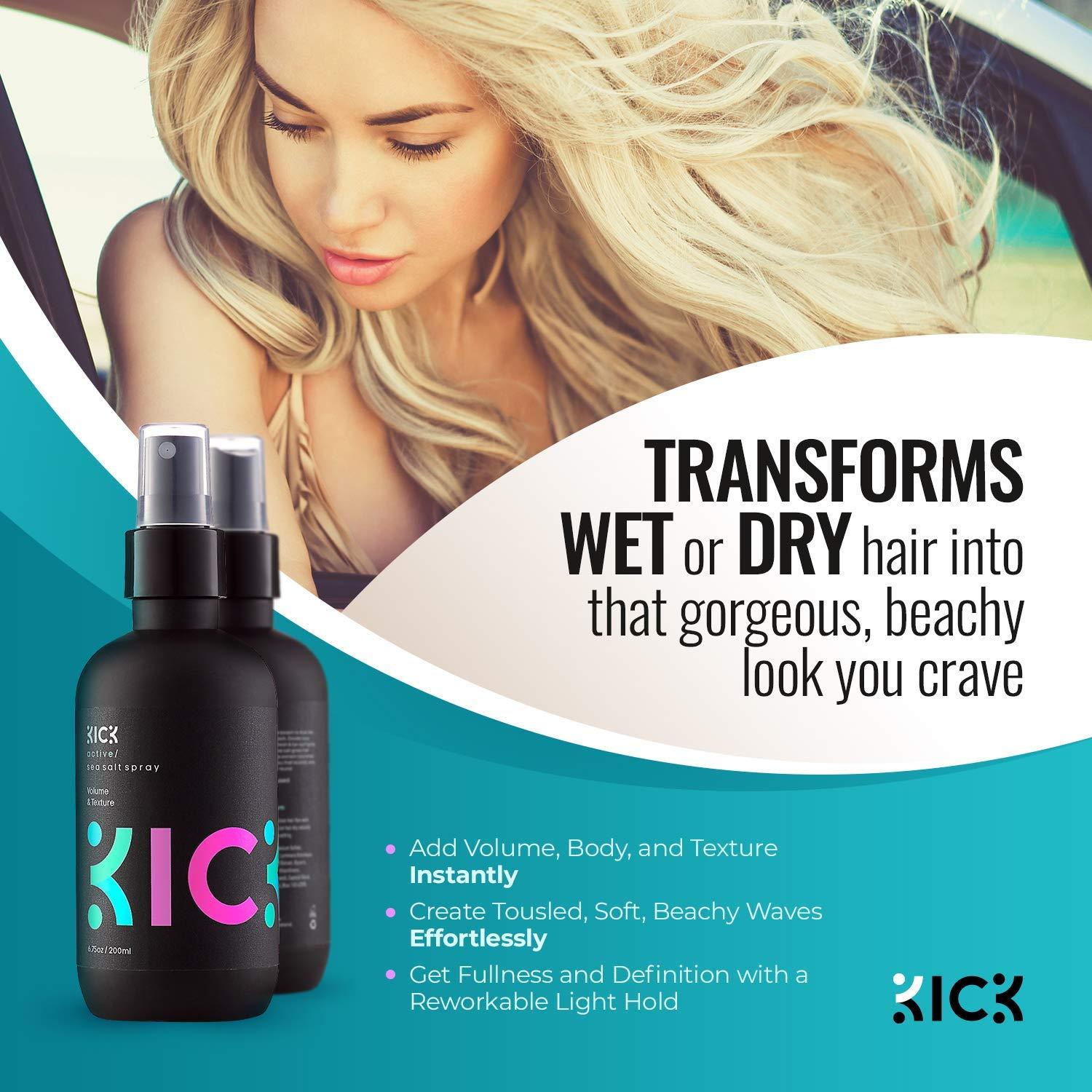 Kick Sea Salt Spray for Gorgeous Beachy Waves - 6.75oz Natural ...