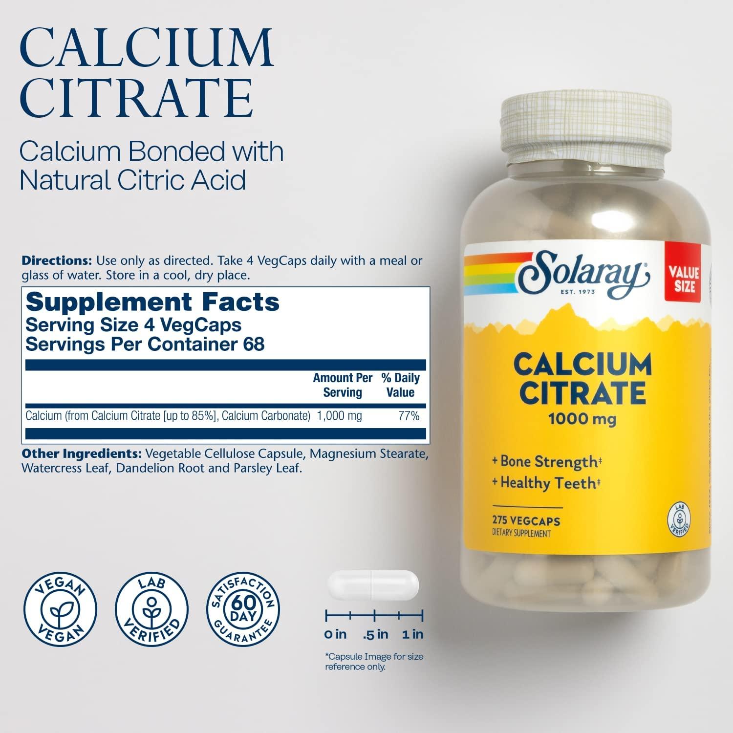 Solaray Calcium Citrate 1000mg | Chelated Bone Strength Supplement ...