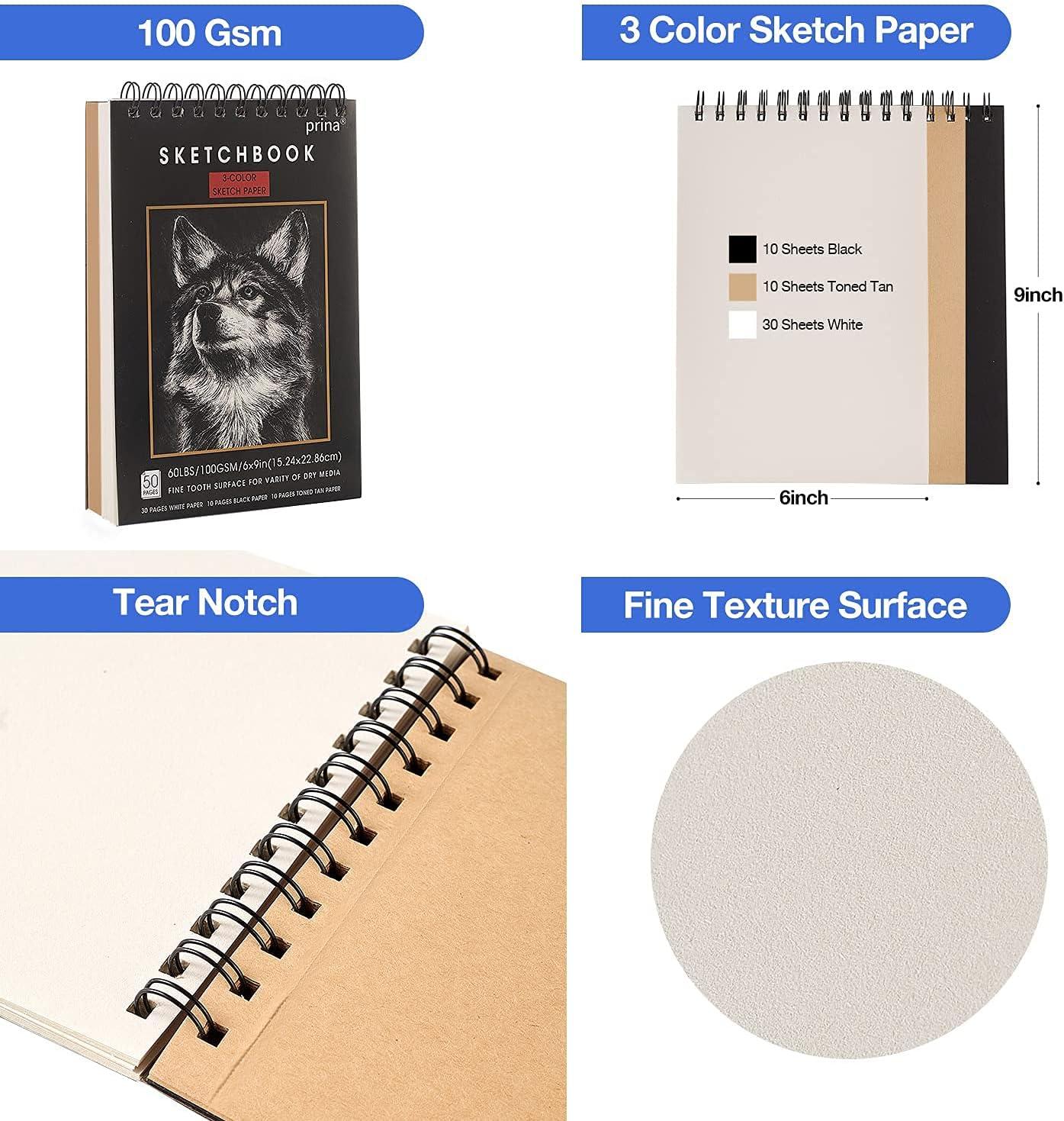 Prina 50 Pack Drawing Set Sketch Kit with 3-Color Sketchbook and ...