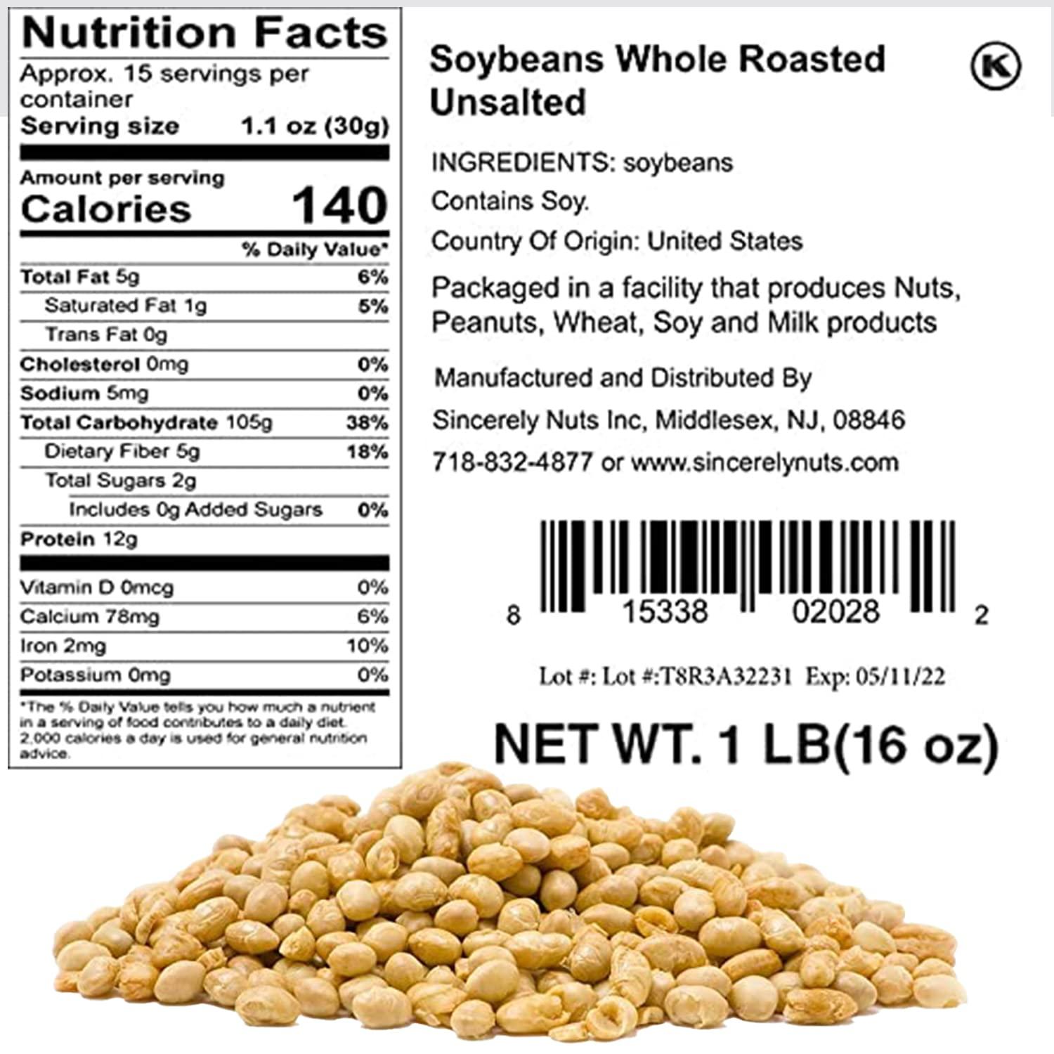 Sincerely Nuts Roasted Unsalted Soybeans (2 LB) - Gluten-Free, Vegan ...