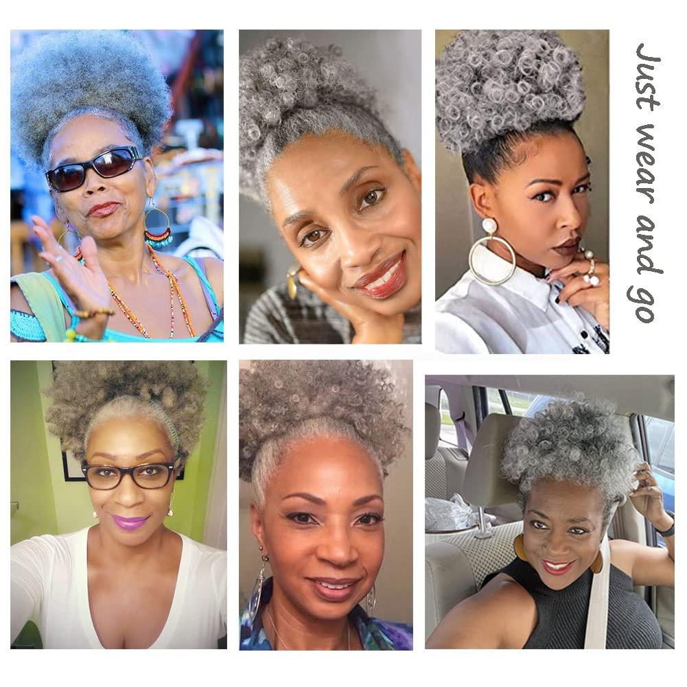Ombre Grey Afro Puff Drawstring Ponytail | Natural Kinky Curly Hair Extension for Black Women ...