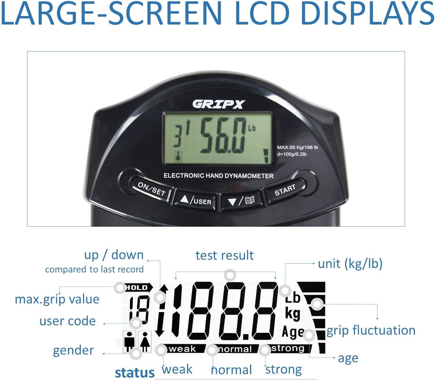 GRIPX Digital Hand Dynamometer - Electronic Grip Strength Meter 198 lbs ...