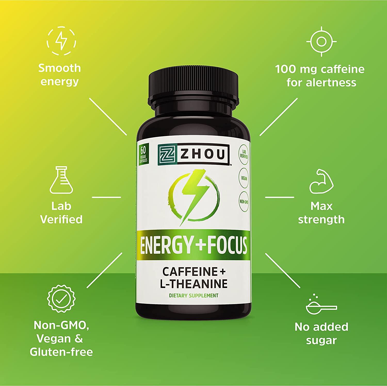 Zhou Energy Focus Caffeine with L-Theanine - 60 VegCaps | Cognitive Performance Nootropic Stack ...