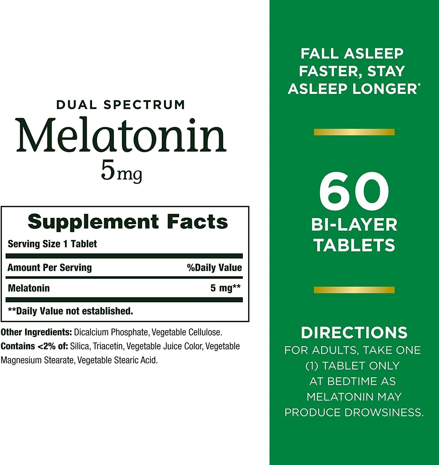Nature's Bounty Dual Spectrum Melatonin 5mg | 60 Bi-Layer Sleep Tablets ...