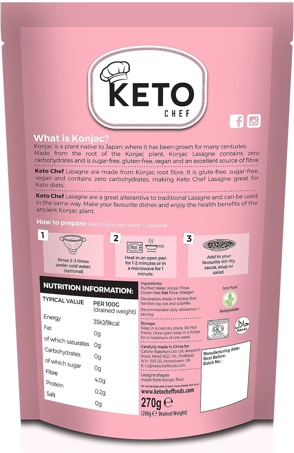 Keto Chef Vegan Lasagne Pasta Sheets 270g - Zero Carb Konjac Shirataki, Free-From Flour, Paleo ...