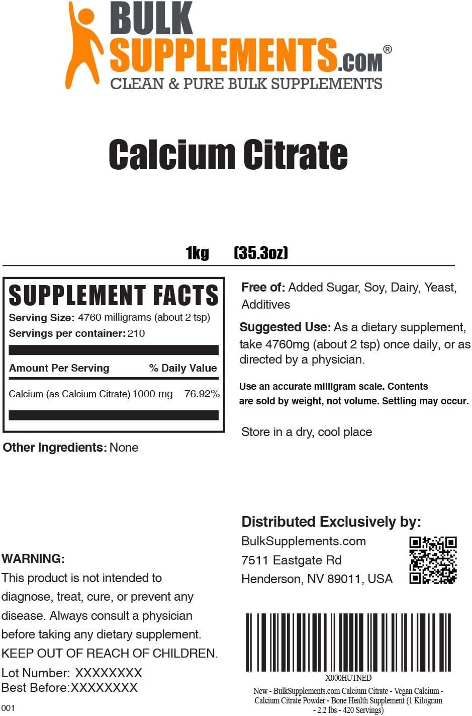 Calcium Citrate Powder Supplement - 1000mg per Serving - 1kg (2.2lbs ...