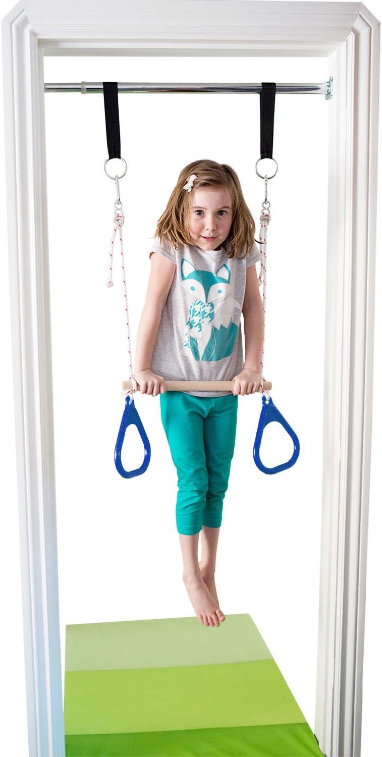 DreamGYM Wooden Trapeze Swing Bar with Blue Gym Rings - Perfect for ...