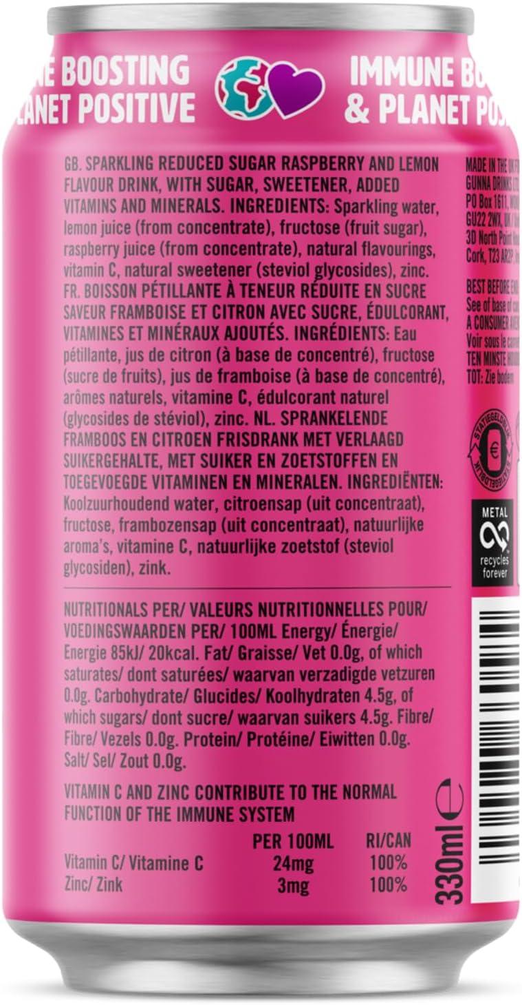 Gunna Fizzy Drinks Raspberry Pink Lemonade Cans Natural Vegan Sparkling ...