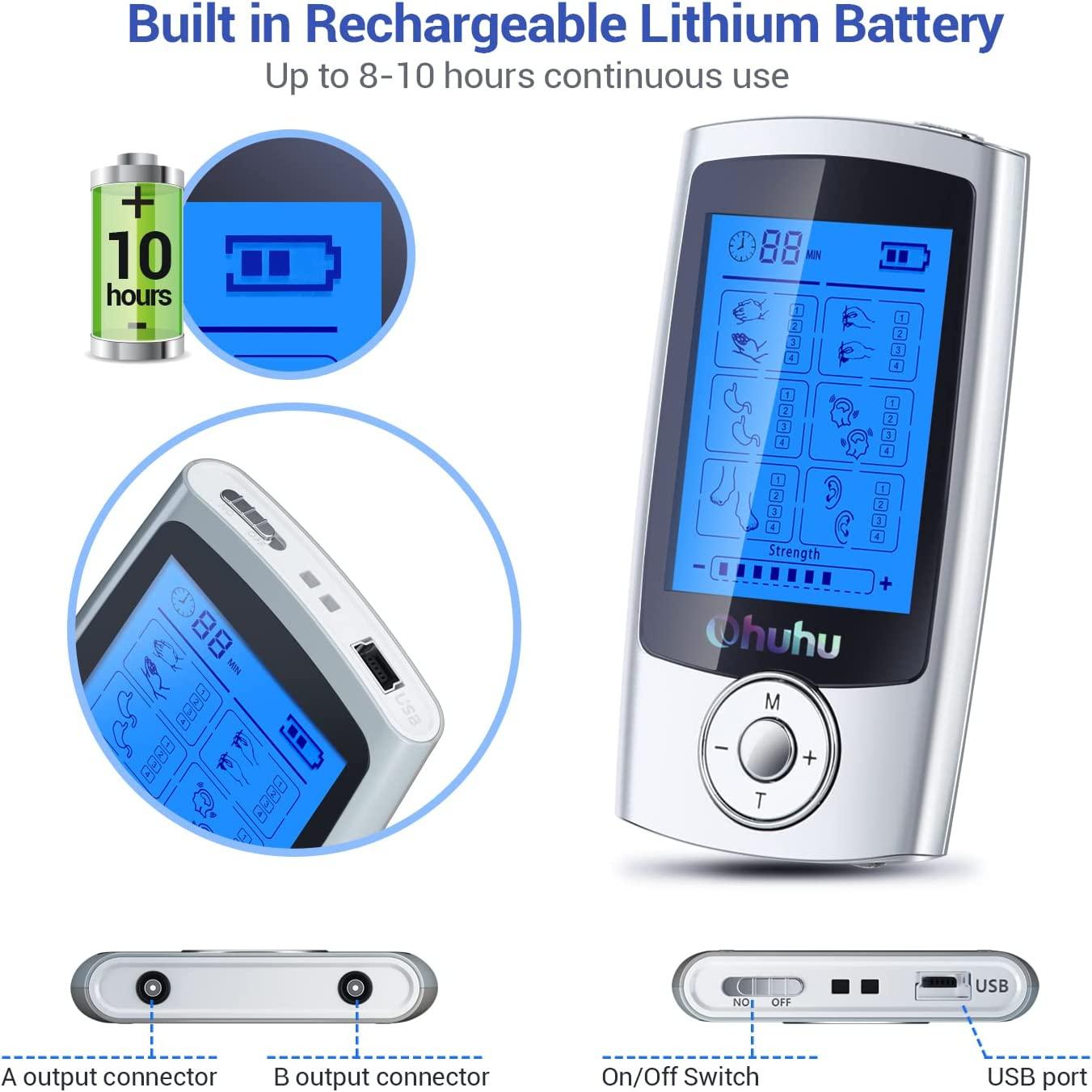 Ohuhu Tens Unit Muscle Stimulator 24 Modes Rechargeable Machine with 16 ...