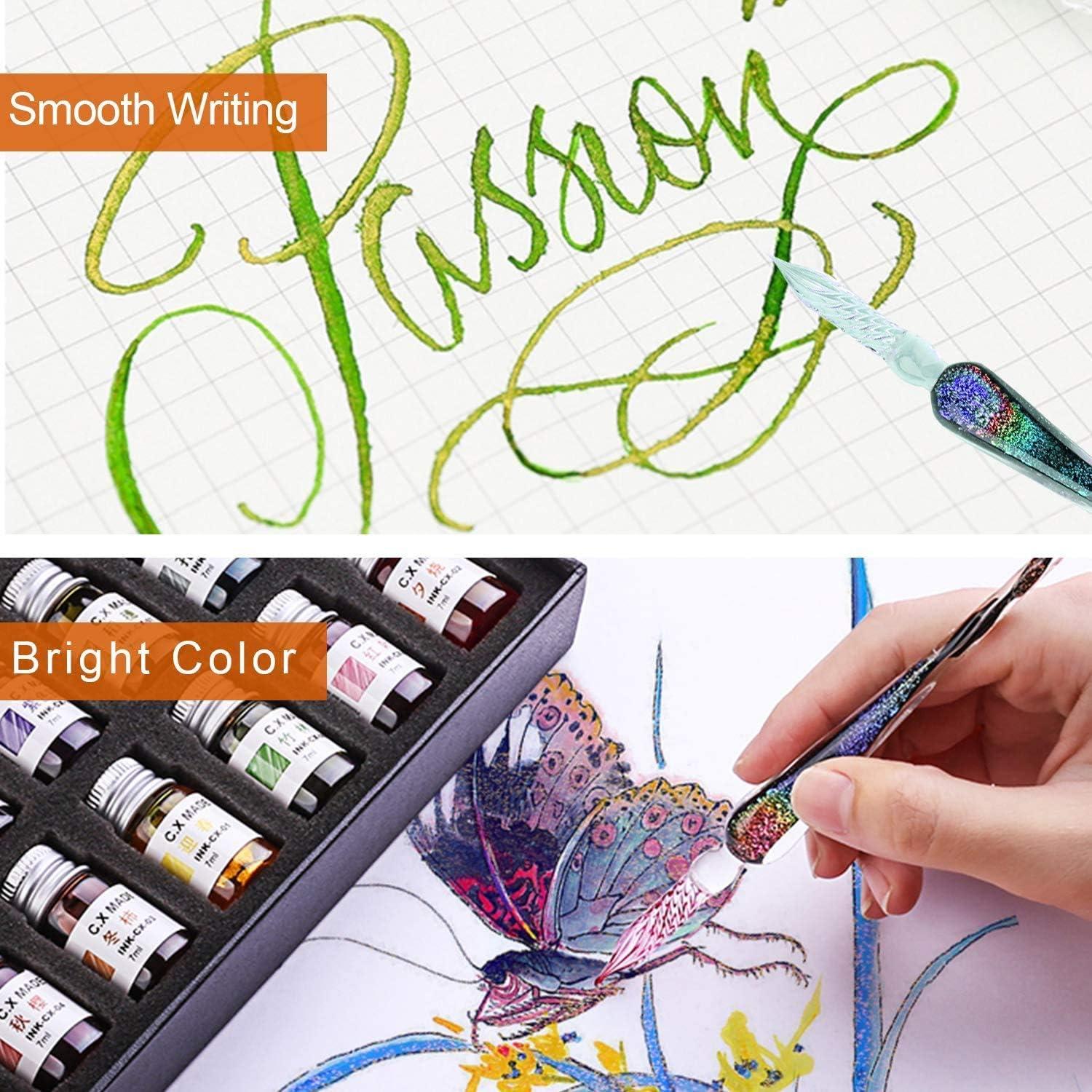 24 Colors Calligraphy Ink Set with Glass Dip Pen and Gold Powder - 7ml ...