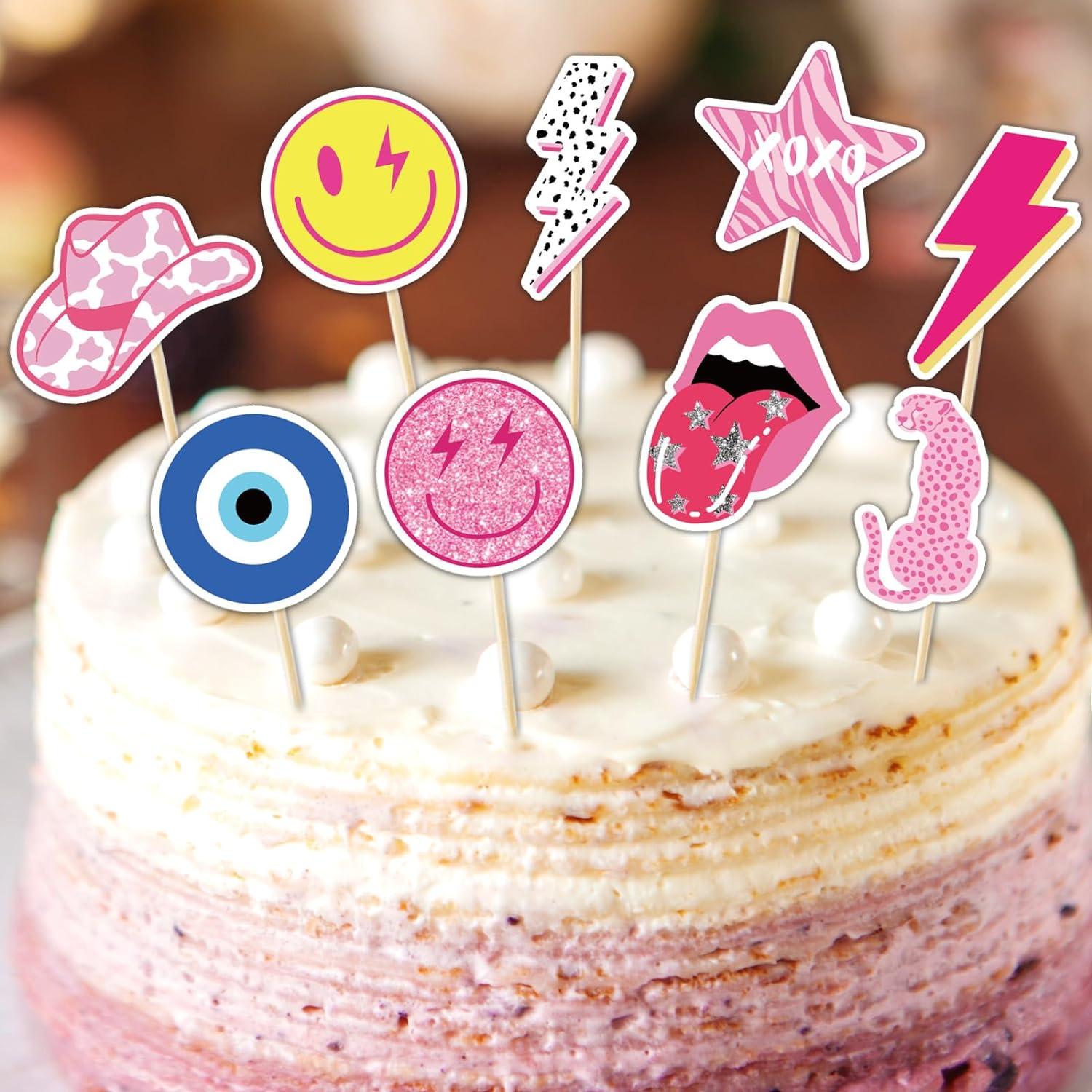 Whaline 40Pcs Preppy Pink Party Cupcake Toppers 10 Designs Paper Cake ...