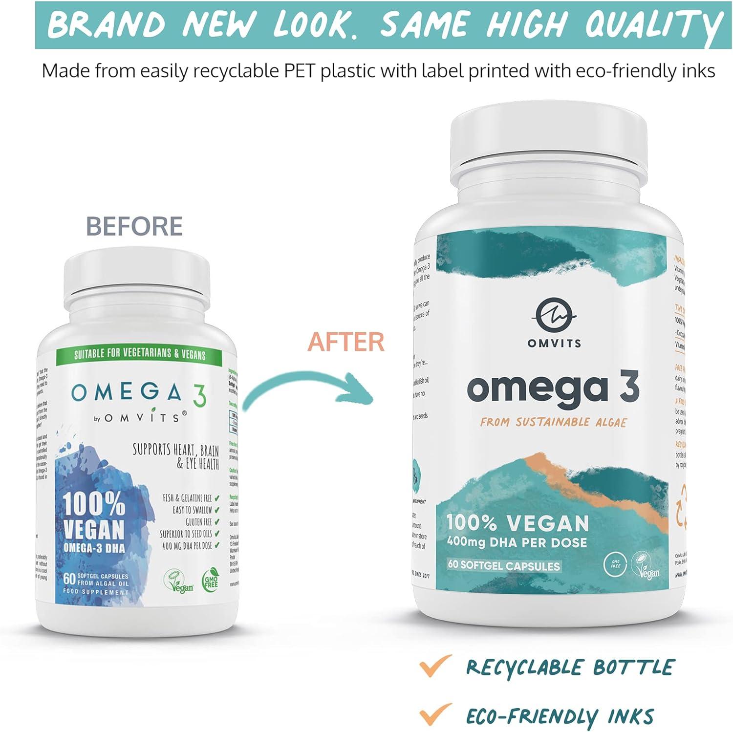 Omvits Vegan Omega 3 DHA Algae Oil Capsules 1000mg | 60 Softgels with Vitamin E | Sustainable ...