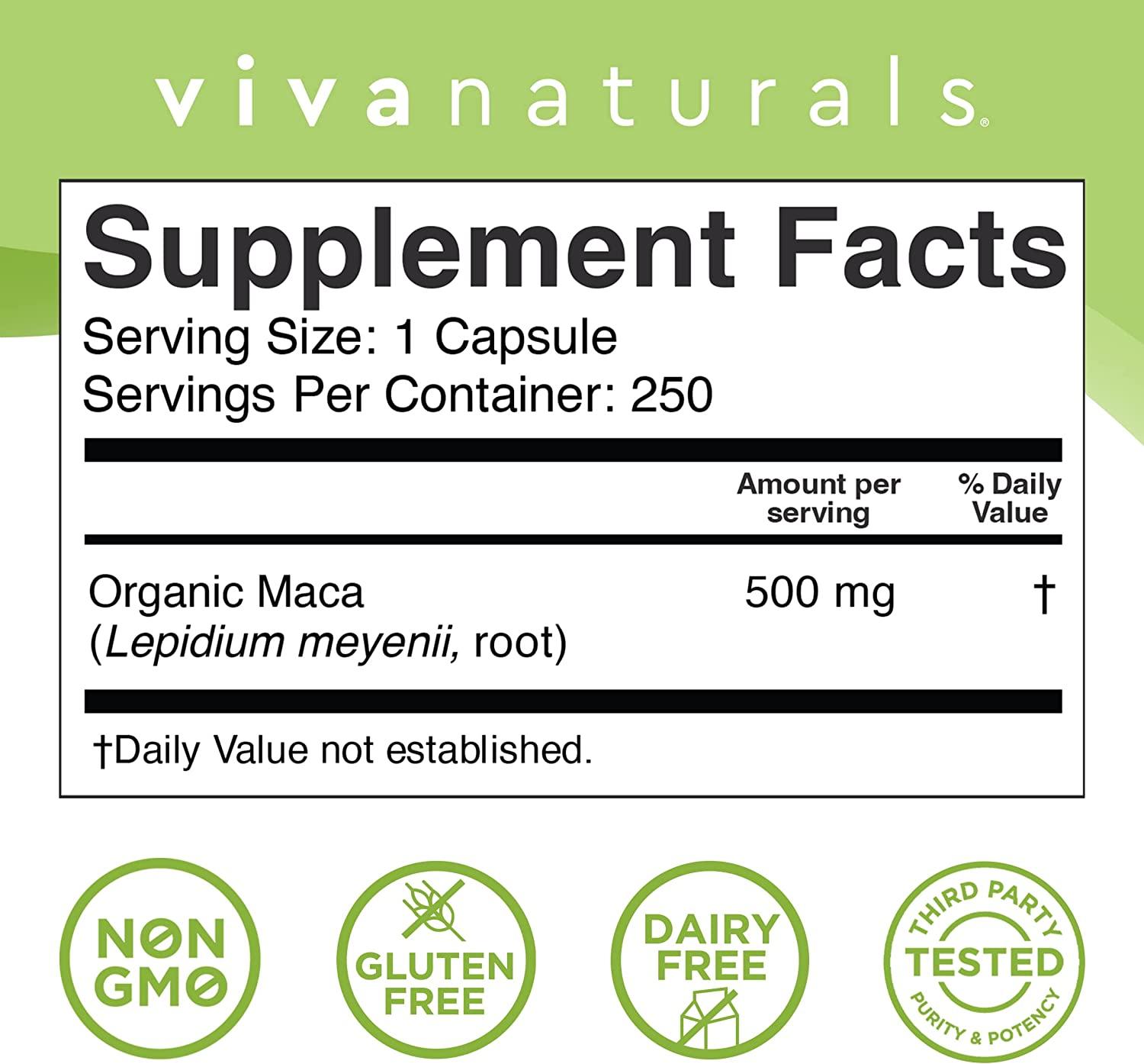 Viva Naturals Peruvian Maca Root Capsules - 250 Count for Energy ...